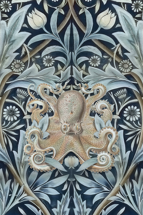 Octopus Botanical Damask Wallpaper – Deep Sea Blue | Custom Wallpaper & Pattern | Nautical Wall ...