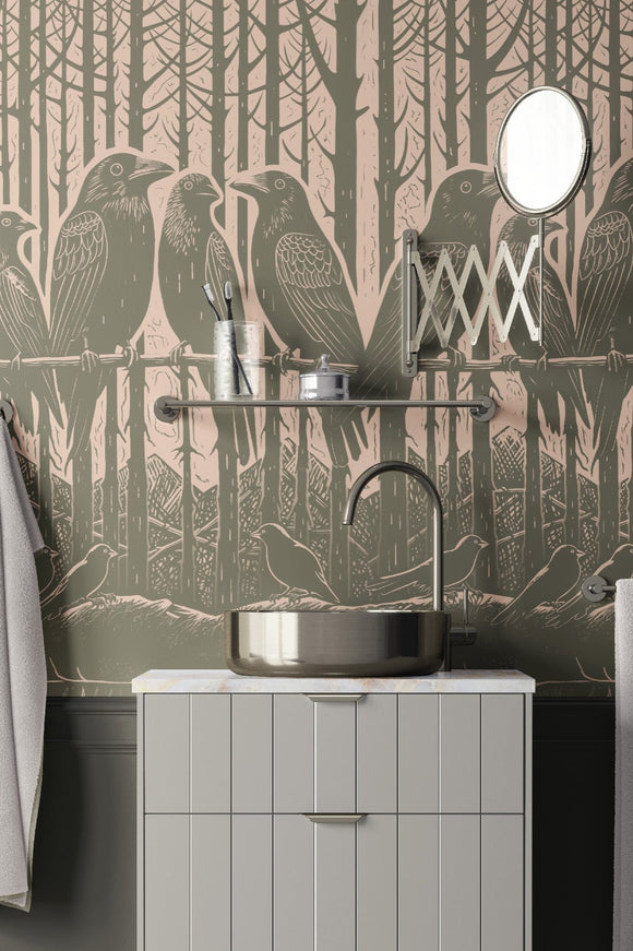Woodland Ravens Mural | Birds Custom Wallpaper | InktopiaDesigns