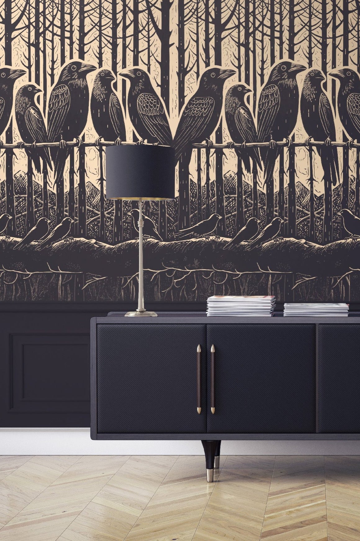 Woodland Ravens Mural | Birds Custom Wallpaper | InktopiaDesigns ...