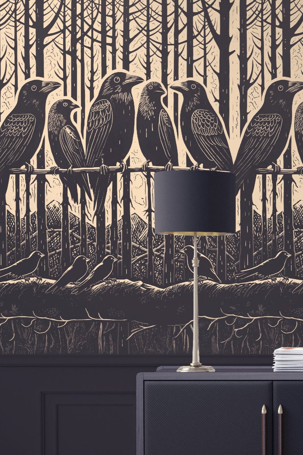 Woodland Ravens Mural | Birds Custom Wallpaper | InktopiaDesigns ...