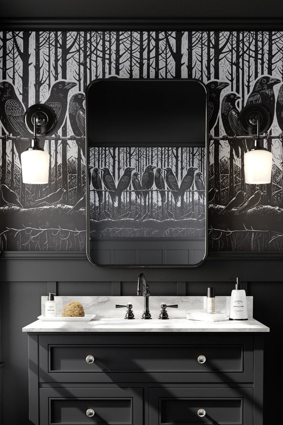 Woodland Ravens Mural | Birds Custom Wallpaper | InktopiaDesigns