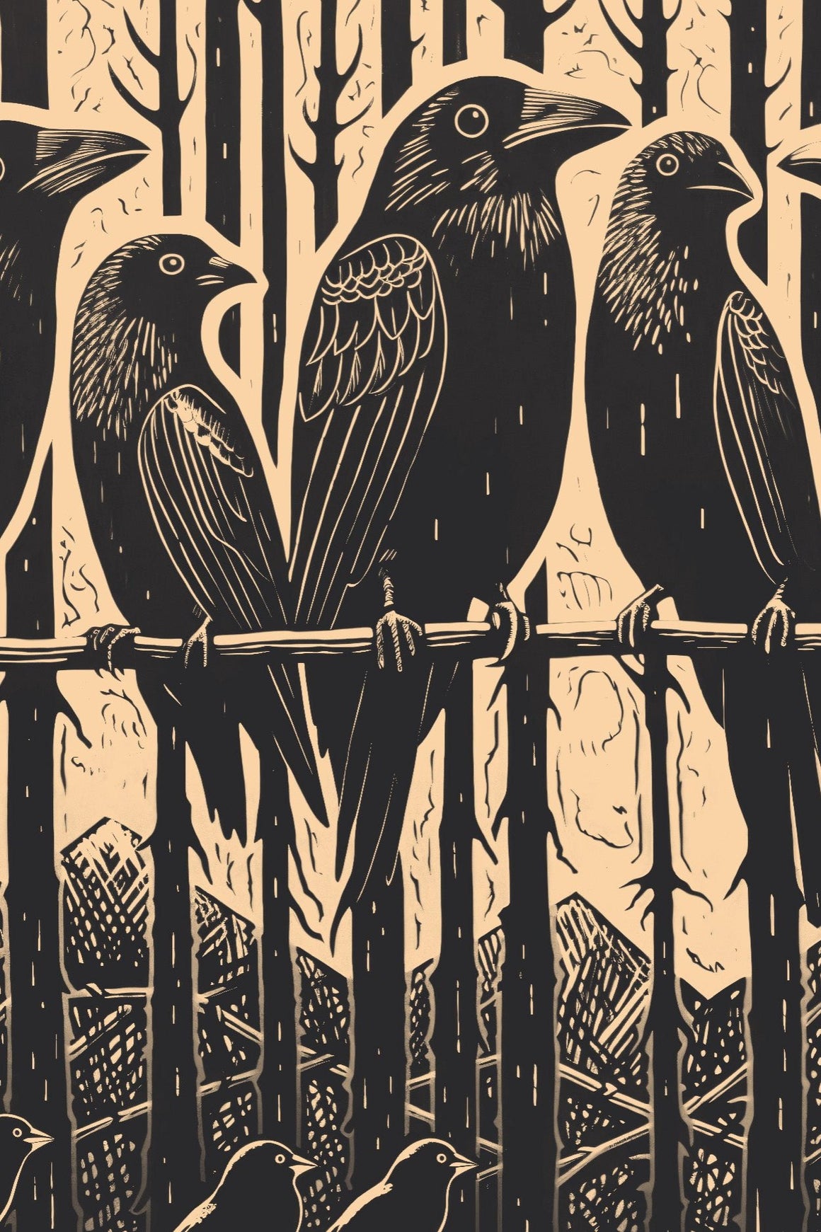 Woodland Ravens Mural | Birds Custom Wallpaper | InktopiaDesigns
